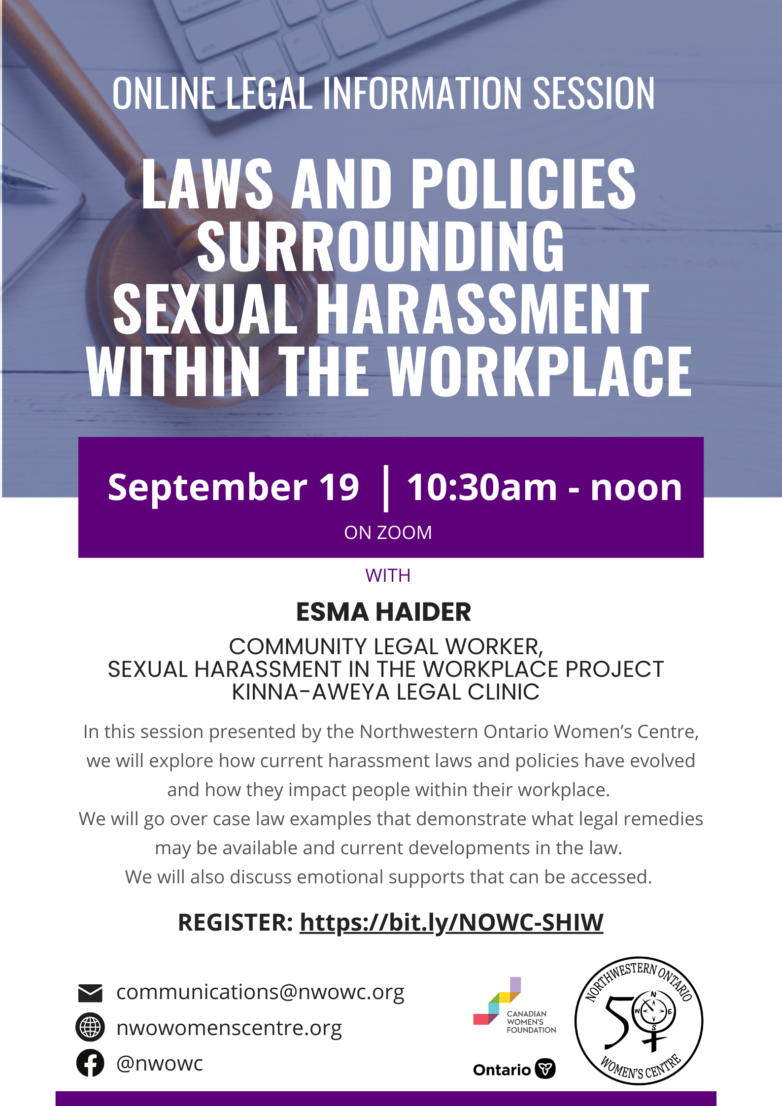 Tomorrow: SHIW Legal Info Session – Northwestern Ontario Women's Centre