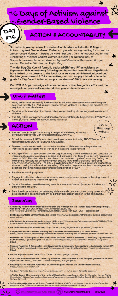 Day #16: Action & Accountability – Northwestern Ontario Women's Centre